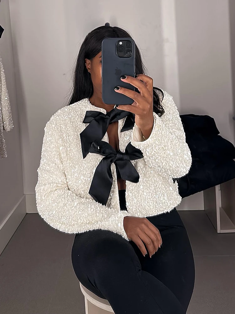 Chic Sparkling Sexy Women's Tie-front Bow Sequin Jacket - New Texas ...